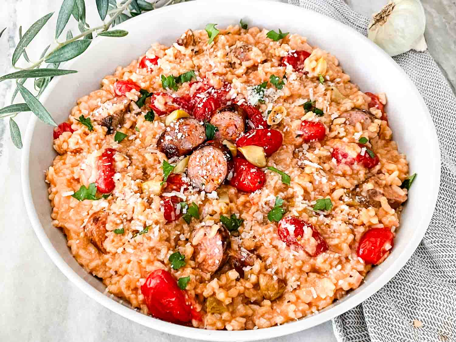 Roasted Tomato and Sausage Risotto - Three Olives Branch