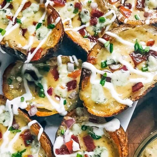 Bacon and Bourbon Blue Cheese Potato Skins - Three Olives Branch