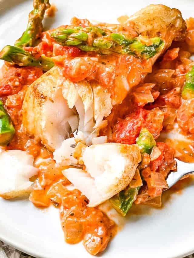 Cod Pomodoro with Asparagus - Three Olives Branch
