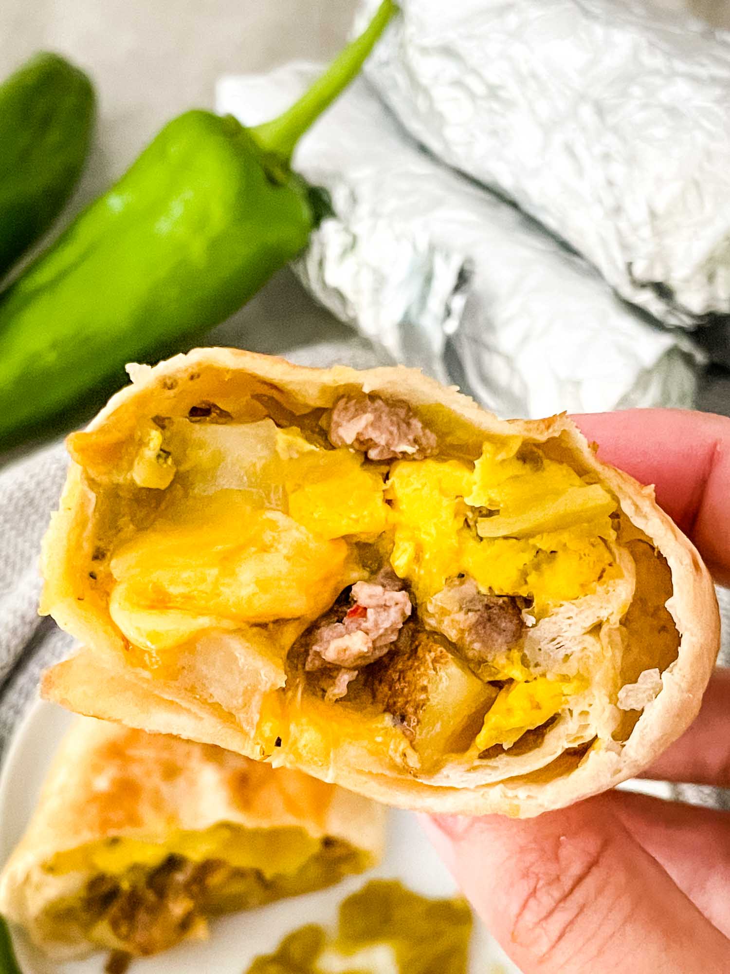 Hatch Green Chile Sausage Breakfast Burritos - Three Olives Branch