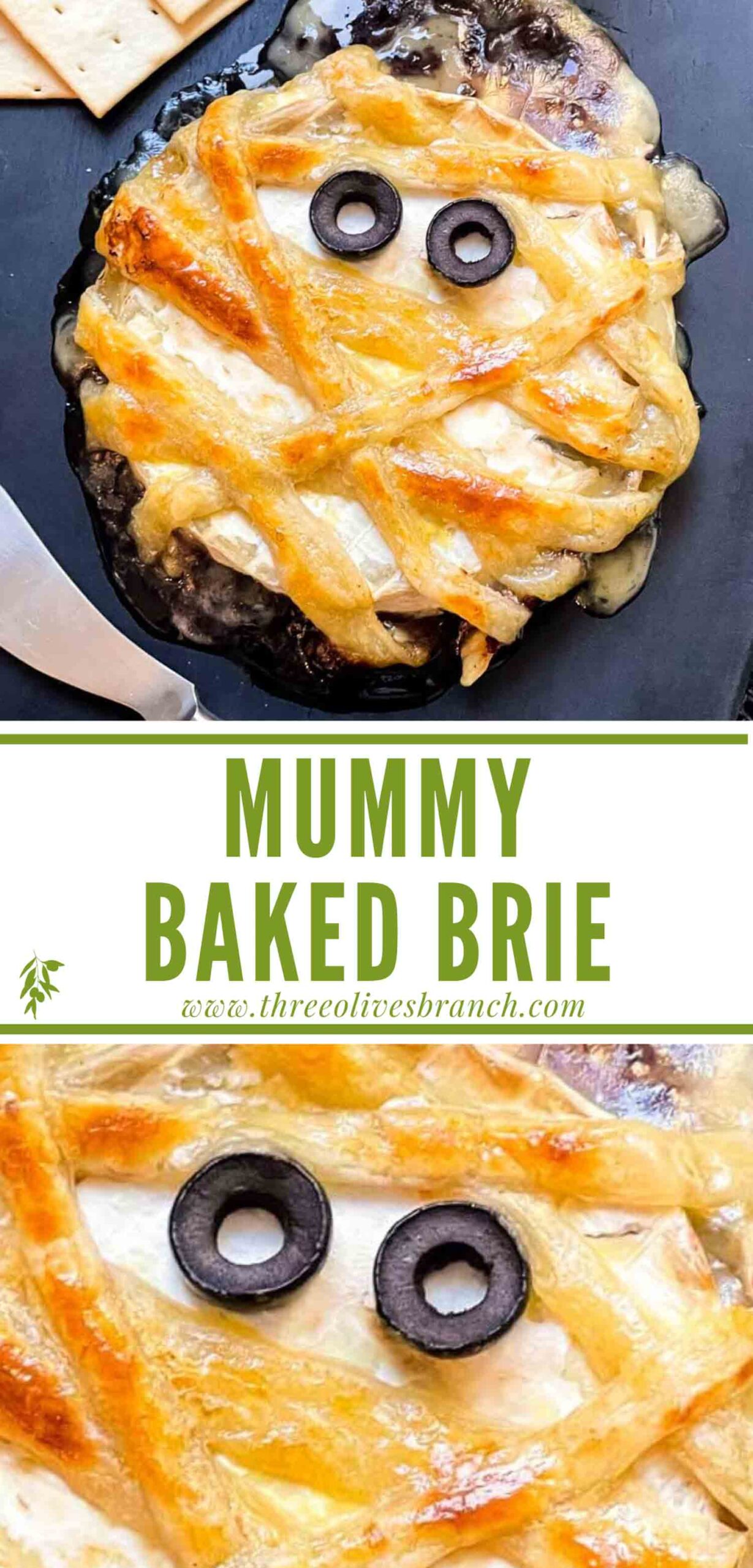 Halloween Mummy Wrapped Baked Brie Recipe - Three Olives Branch